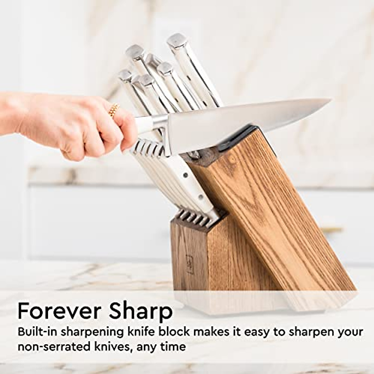 White Knife Set with Block - 14 Piece Forged Stainless Steel Triple Rivet White Kitchen Knife Set with Heavy Duty Kitchen Shears and Self Sharpening Knife Block Set