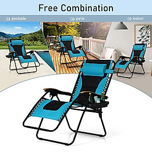 PHI VILLA XXL Oversized Padded Zero Gravity Chair, Foldable Patio Recliner, 30" Wide Seat Anti Gravity Lounger with Cup Holder, Support 400 LBS (Aqua)