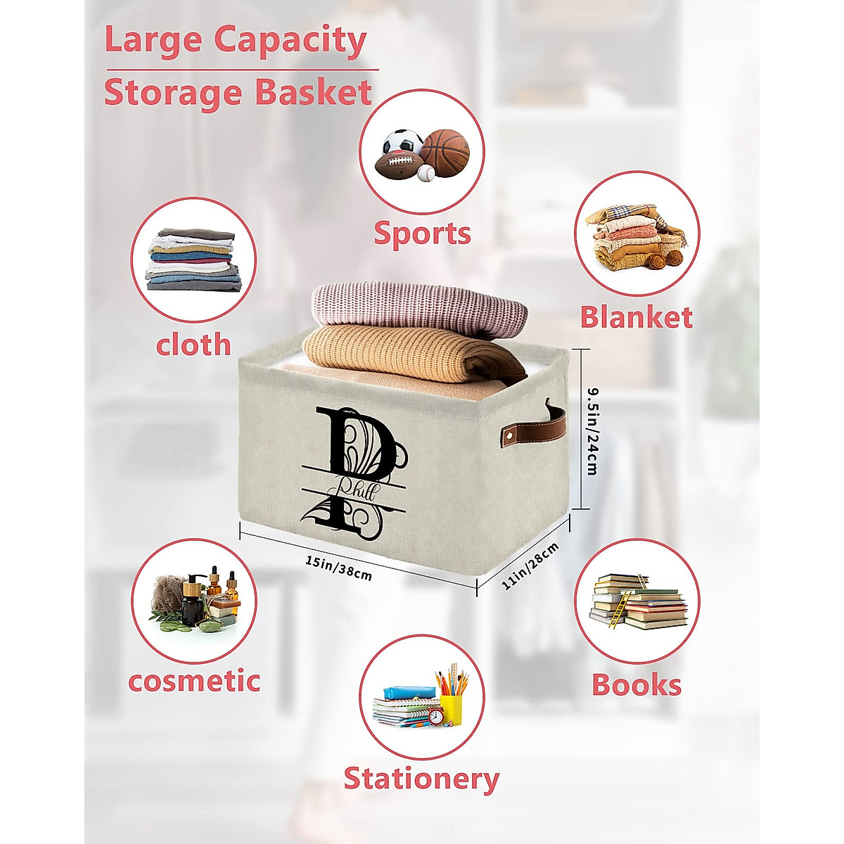 Personalized Gift for Women/Men, Customs Basket with Name Storage Bins for Organizing Shelves, Letter P Collapsible Custom Storage Boxes with Handle, Monogram Words Customized Closet Organizers