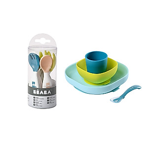 BEABA Toddler Self Feeding Cutlery and Silicone 4-Piece Meal Set - Soft, Unbreakable, Non-Slip Suction Bottom