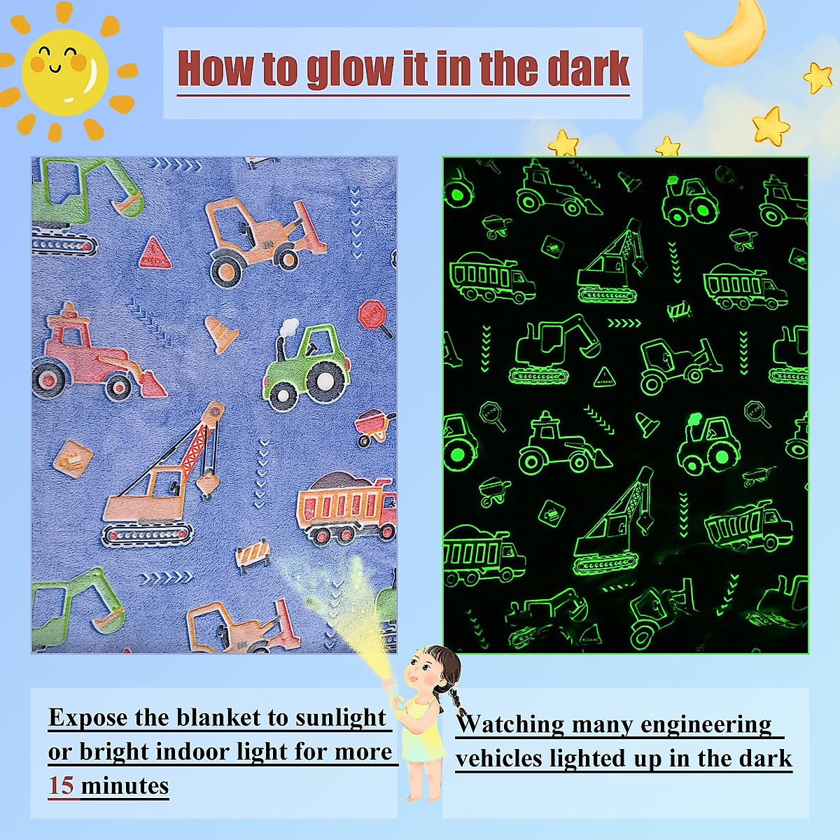 BKABRYHJJ Excavator Gifts for Kids Boys - Glow in The Dark Tractor Blankets, Excavator Construction Truck Throw Blanket for Toddler Boys Birthday Christmas Valentine's Day 50"×60"