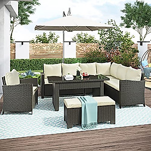 GODAFA 6-Piece Wicker Outdoor Patio Furniture Set-Featuring All-Weather PE Rattan Conversation Sectional Sofa, Dining Table, Chair, and Bench with Cushions for Backyard, Porch, and Poolside, 1, Beige
