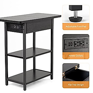 TILLMAO Narrow End Table with Charging Station, Side Table with Storage for Small Spaces, Flip Top Nightstand/Bedside Table/Sofa Couch Table/Slim End Table for Living Room Bedroom Office…
