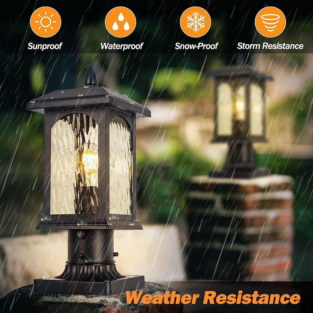 Dusk to Dawn Outdoor Post Light Fixture with Pier Mount Base - Waterproof Pole Outdoor Lighting, Modern Black Pillar Lantern Outside with Tempered Rippled Glass for Pathway, Garden, Patio, Anti-Rust