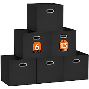 Lifewit 13 Inch Cube Storage Bins, 6 Packs Cube Storage Organizer, Foldable Decorative Fabric Storage Baskets for Organizing Home Organizers with Metal Handles for Shelves, Closet, Black