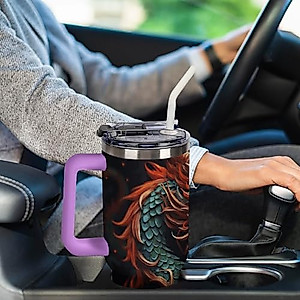 LLUTSNTH 40 Oz Vacuum Tumbler with Violet Handle Leakproof Insulated Tumbler Chinese Dragon Stainless Steel Travel Mug with Lid And Straw Coffee Cup Cute Water Bottles Cup Holder Friendly