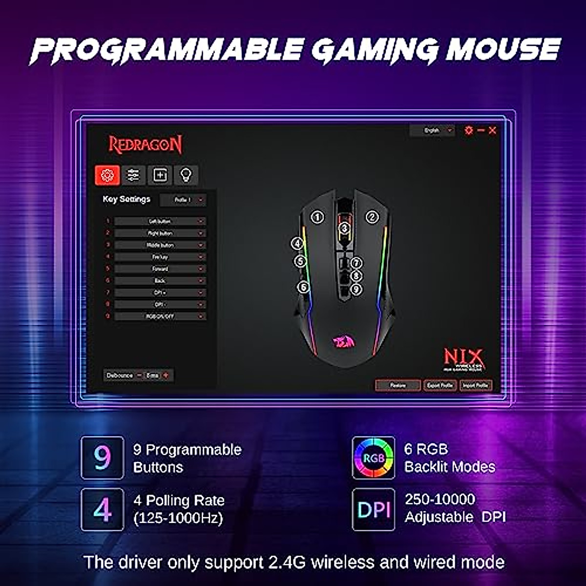 Redragon Wireless Gaming Mouse, Tri-Mode 2.4G/USB-C/Bluetooth Mouse Gaming, 10000 DPI, RGB Backlit, Fully Programmable, Rechargeable Wireless Computer Mouse for Laptop PC Mac, Black