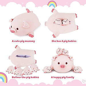 Achwishap 5PCS Pig Family,Pig Stuffed Animal Mommy with 4 Pig Babies Plush,Cute Pig Plush Pillow Cushion Doll,Kawaii Pig Plush Toy Hugging Pillow for Kids Adult(16” Pig Family)
