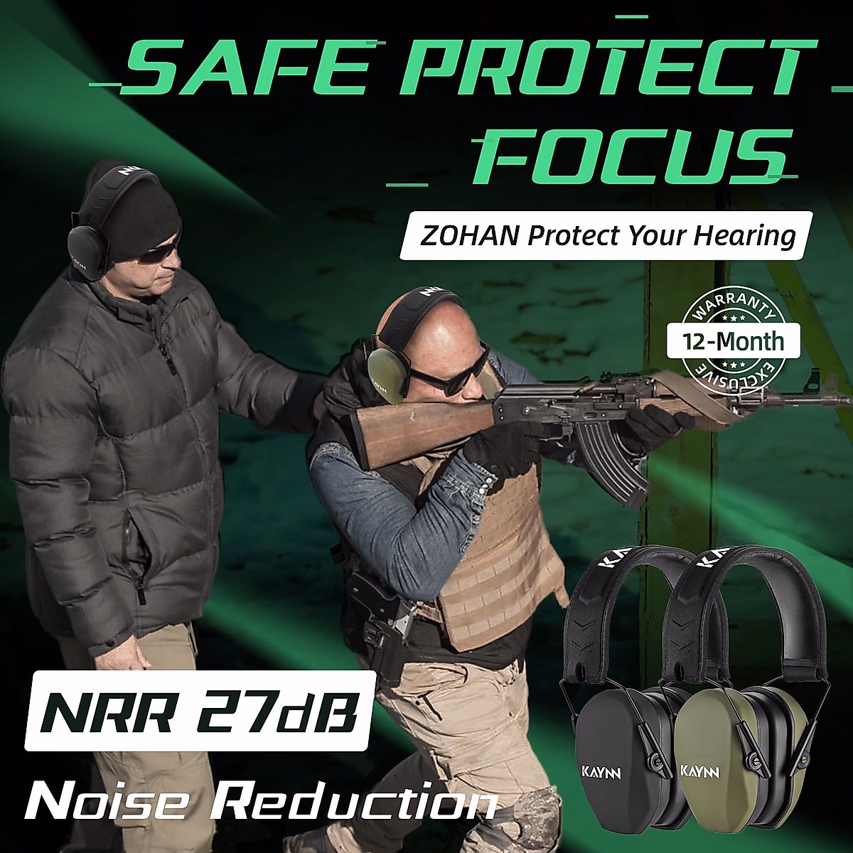 KAYNN 018 Ear Protection 2 Pack Hearing Protection for Shooting Gun Range,27dB NRR Noise Cancelling Safety Ear Muffs for Shooting Mowing(2Pack-Black&Green)