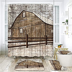 SiMiWOW Rustic Farmhouse Barn Shower Curtain Set with Bath Mat Bath Rugs Bathroom Decor Set of 4 Pieces