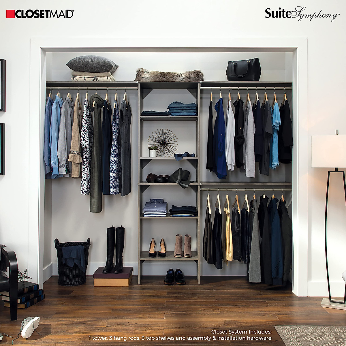 ClosetMaid SuiteSymphony Wood Closet Organizer Kit with Tower, 3 Hang Rods, Top Shelves, Adjustable, Fits Spaces 6 - 10 ft. Wide, Graphite Grey