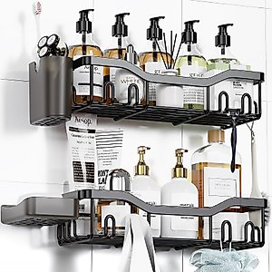 NESOMI Shower Caddy Adhesive Shower Organizer Bathroom Shower Shelves, Wall Shelf for Inside Shower Storage with Soap Dish&16 Hooks, Rustproof Stainless Steel No Drilling Rack Home Decor 2 Pack Large