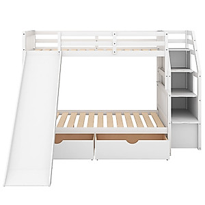 Twin Over Full Bunk Bed with Stairs and Slide, Solid Wood Bunk Bed Frame with Storage Drawers for Kids Girls Boys (White)