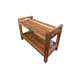 EcoDecors Teak Shower Bench 29" Wood Shower Seat Stool with Storage Shelf and LiftAide Arms, Eleganto Shower Bench for Indoors and Outdoors