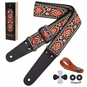 Nefelibata Guitar Strap, Embroidered Cotton Guitar Straps with Head Cowhide Leather Ends for Bass, Electric & Acoustic Guitars, with Free Strap Button, 1 Pair Strap Locks and 4 Guitar Picks (Saffron)