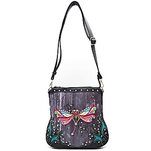 Colorful Dragonfly Western Style Spring Rhinestone Gem Studded Purse Leather Crossbody Handbag Women Single Shoulder Bag (Black)