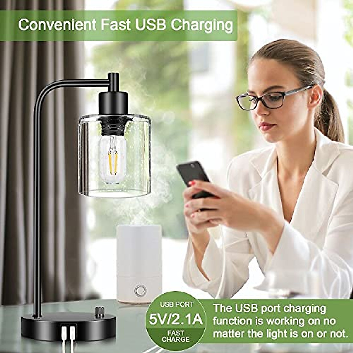 Set of 2 Industrial Table Lamps with 2 USB Port, Fully Stepless Dimmable Lamps for bedrooms, Bedside Nightstand Desk Lamps with Seeded Glass Shade for Reading Living Room Office 2 LED Bulb Included