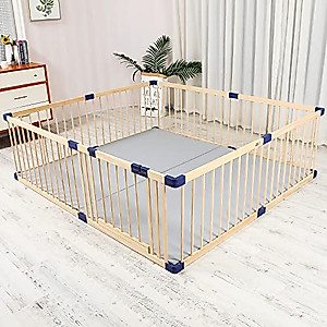 Wooden Baby Playpen Fence Play Pen Play Yard Area Gate with Door for Babies and Toddlers Kids, Portable Wooden Indoor Freestanding, Kids Baby Pet Cats Play Fence Playpen with Door(180x200x61cm)