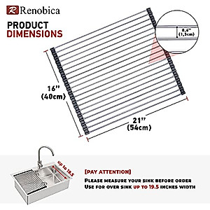 RENOBICA Roll Up Dish Drying Rack 21" x 16" - Over The Sink for Kitchen Counter, Foldable SUS304 Stainless Steel Dish Drying Rack for Cups, Utensils, Fruits, Vegetables