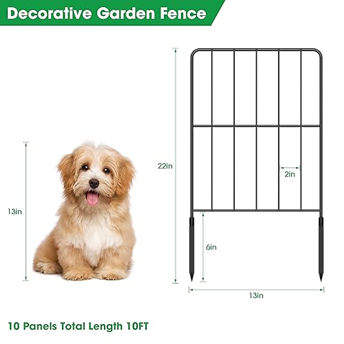 OUSHENG Decorative Garden Fence Fencing 10 Panels, 10ft (L) x 22in (H) Rustproof Metal Wire Border Animal Barrier with Plastic Stakes for Dog Yard Patio Outdoor, Square
