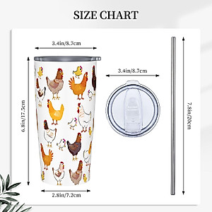 CHASOEA Chicken Tumbler 20oz Rooster Hen Stainless Steel Insulated Tumblers with Lid and Straw Animal Travel Coffee Mug Tea Wine Cups Water Bottle Chicken Gifts for Women Chicken Lovers, White yellow