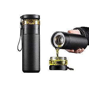 Tea Infuser Bottle Coffee thermos,Stainless steel tea water separation cup,Business office portable water cup Outdoor carrying rope straight cup 17oz Double Wall Vacuum Insulated Water Bottle (black)