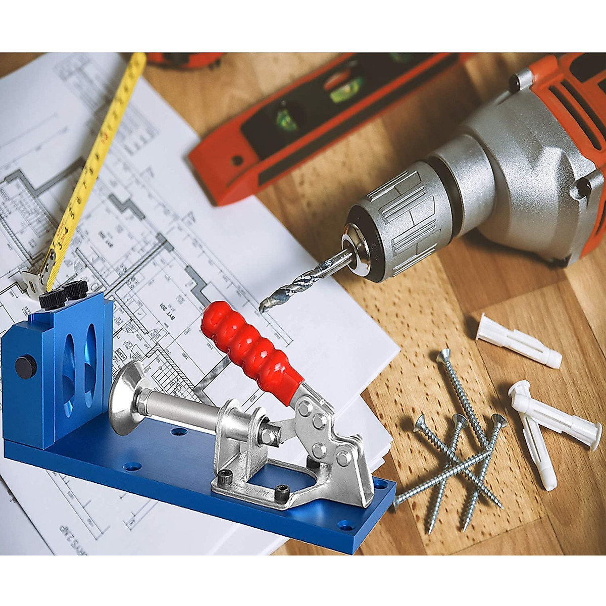 Pocket Hole Jig Kit Tool for Carpentry Positioner Pocket Dowel Hole Jig System Set with Drill Bit Square Driver Screws 48 PCS Aluminum Woodworking Punch Locator Kit