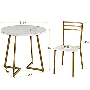VECELO Small Round Dining Table Set for 2, Wood Marbled Tabletop with Steel Frame, Modern Dinette with Chairs for Kitchen Breakfast Nook Living Room, White and Gold