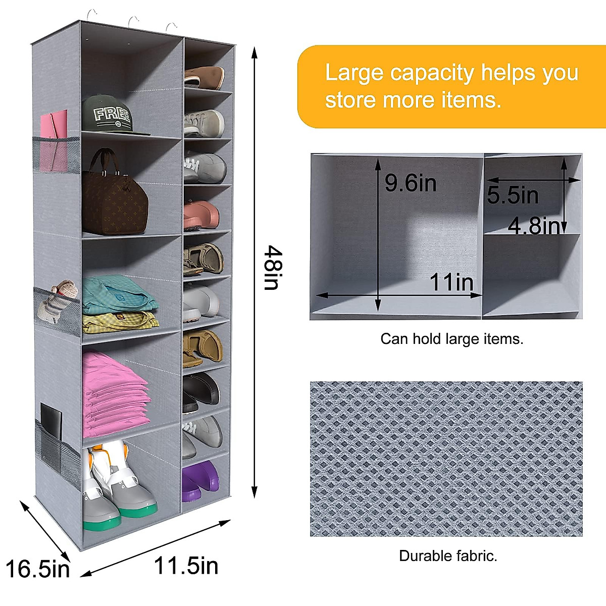 coastal rose Hanging Shoe Closet Storage Organizer, 15 Sections Closet Organizers and Storage Shelves Shoe Rack Holder Hanger, Grey