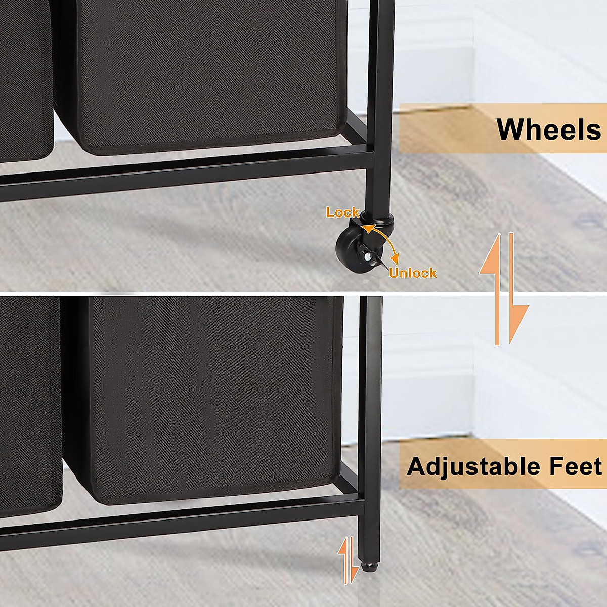 Timberer Laundry Hamper, Laundry Sorter 3 Section, Rolling Laundry Basket with Wheels, 2 Drawers, 2 Shelves, 3 × 14.5 Gal, Pull-Out and Removable Laundry Bags, Laundry Room, Black and Rustic Brown