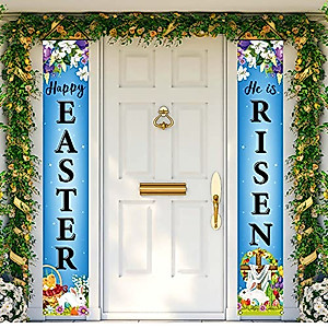 FARMNALL Easter He is Risen Porch Banner Bunny Egg Rabbit Party Front Door Sign Wall Hanging Spring Lily Cross Decorations and Supplies for Home Office Farmhouse Holiday Decor