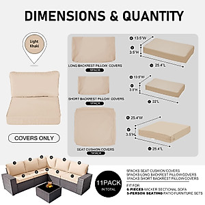 ClawsCover 11Pack Outdoor Seat and Back Cushions Replacement Covers Fit for 5-Seater 6Pieces Wicker Rattan Patio Furniture Conversation Set Sectional Couch Chairs,Light Khaki-Included Cover Only