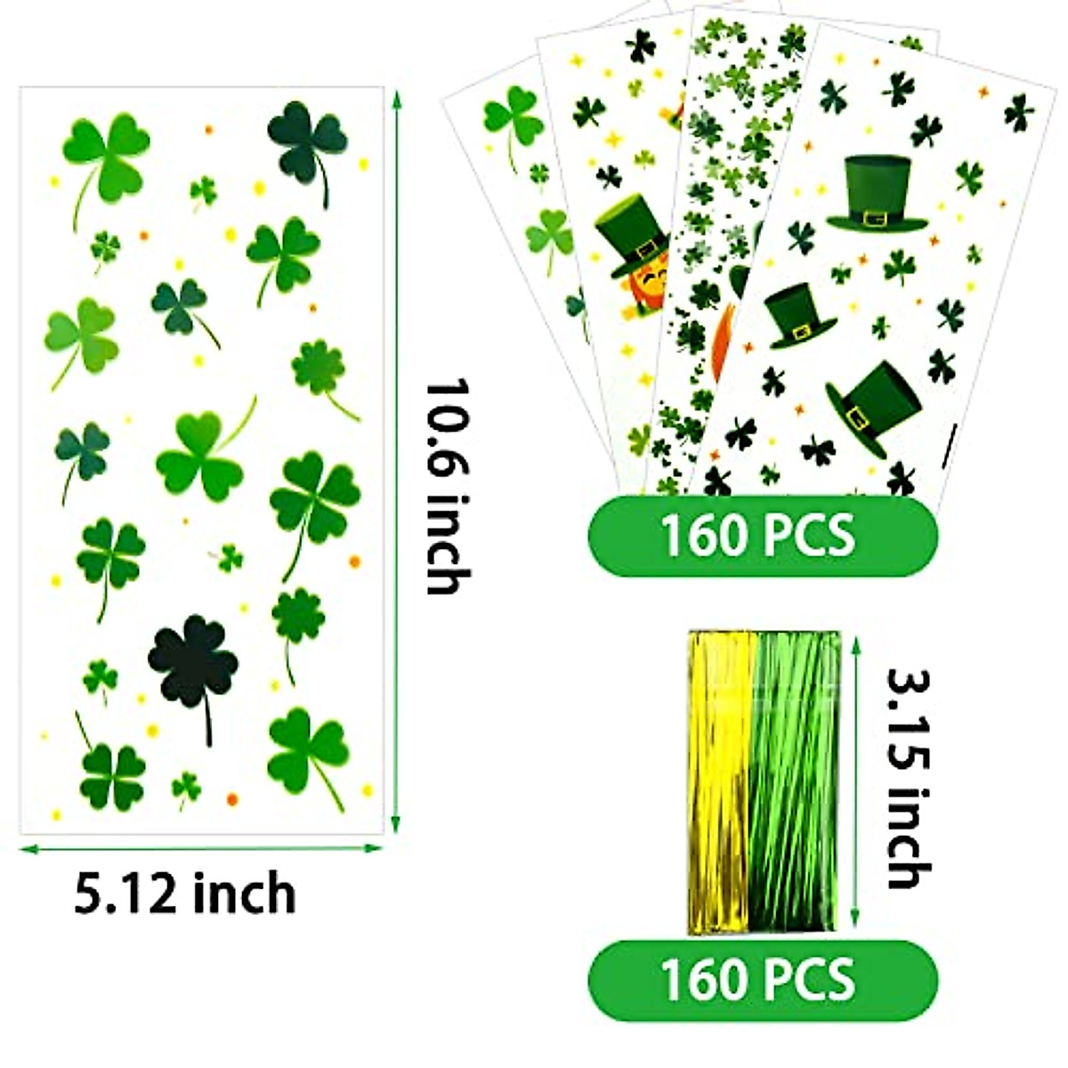 160 Pieces St. patrick's day Cellophane Treat Bags, Irish Lucky Shamrock Plastic Candy Bags Goodie Favor Bags with Ties for Saint Patrick's Day Party Supplies