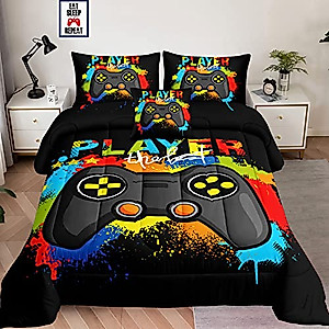 5 Pieces Bed in a Bag for Gaming Bedding Set,Boys Gamer Comforter Set with Flat Sheet,Fitted Sheet,Pillowcases,Cushion Cover,Game Console Pattern Bed Set for Kids Boys Room Decor