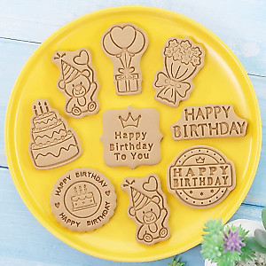 Pink PP Material Birthday Cookie Cutters, 8 Pcs Theme Set Embossing Dies and Plunger Dies for Fondant Cookies Pastry Cheese Baking(Birthday)