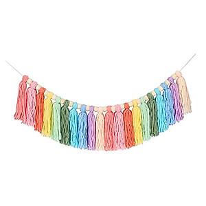 Pastel Tassel Garland, Colorful Rainbow Tassel Wall Hanging Decor with Wood Bead Colorful Garland for Girls Bedroom Wall Classroom Nursery Party Kids Room Birthday Baby Shower Decor (Pastel)