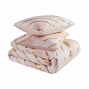 Comfort Spaces Nero Metallic Comforter Fun Print for Girls Bedroom Modern Bedding Set, All Season Cover, Matching Sham, Full/Queen(90"x90"), Abstract Marble Blush 4 Piece