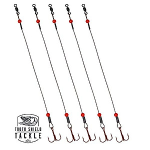 Tooth Shield Tackle Ice Fishing Tip Up Leader/Rig (90 lb) / Ice Fishing Sucker Walleye Pike Musky Predator Rig (5 Pack) [Camo Wire/Red Bead] (Hook Size: 2)