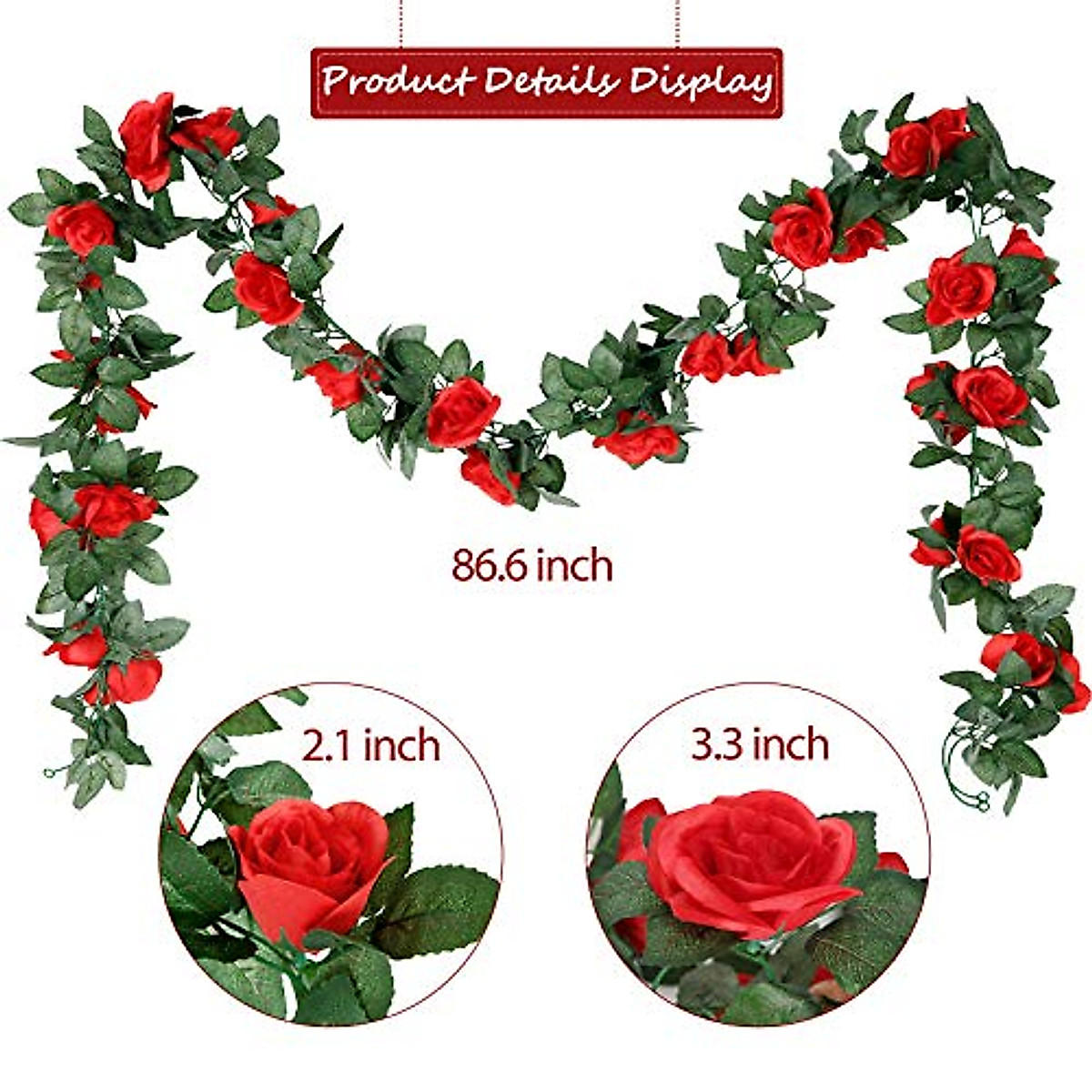 Syhood Artificial Rose Garlands Rose Vines Leaves Banners Hanging Fake Floral Garland Flower Vine for Wedding Arch Ceremony Home Garden Outdoor Party Wall Decorations, 14.4 ft(Red,2 Pieces)