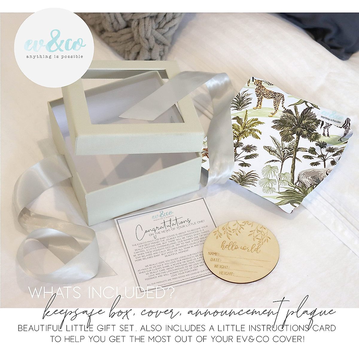 Multi-Use Baby Canopy Cover, Nursing Blanket for Breastfeeding, Shopping Cart Cover, Highchair Cover, and Baby Announcement Kit. Packaged in Luxury Box with Ribbon.