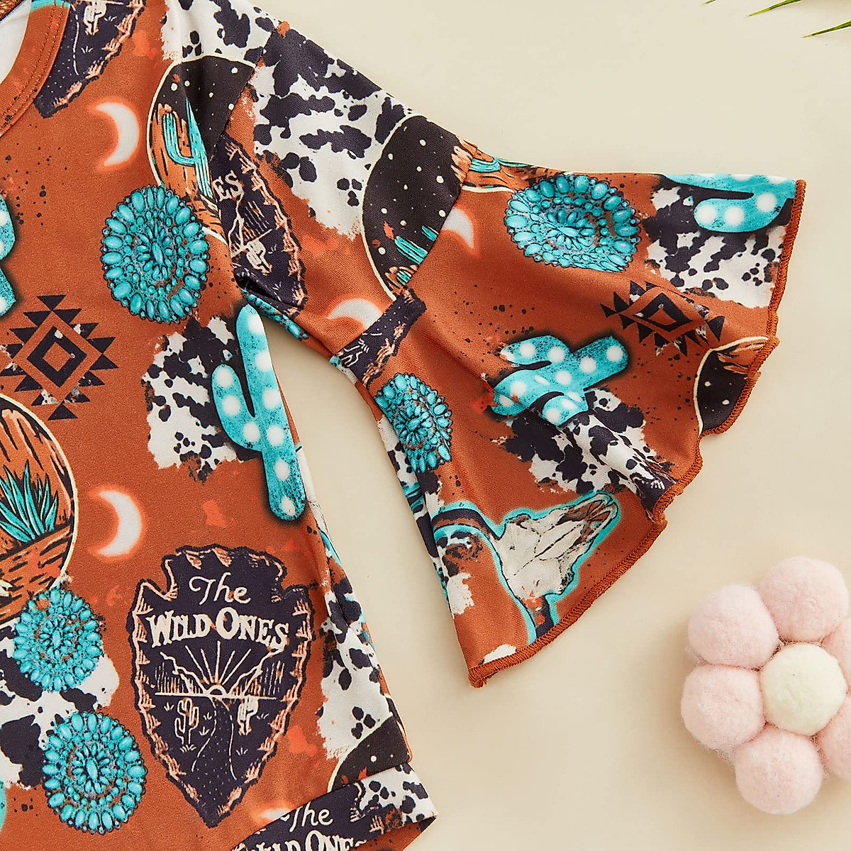 Newborn Baby Girl Romper Flare Long Sleeve Floral Cow Print Bodysuit Jumpsuit with Headband Cute Fall Winter Clothes (Brown, 6-12 Months)