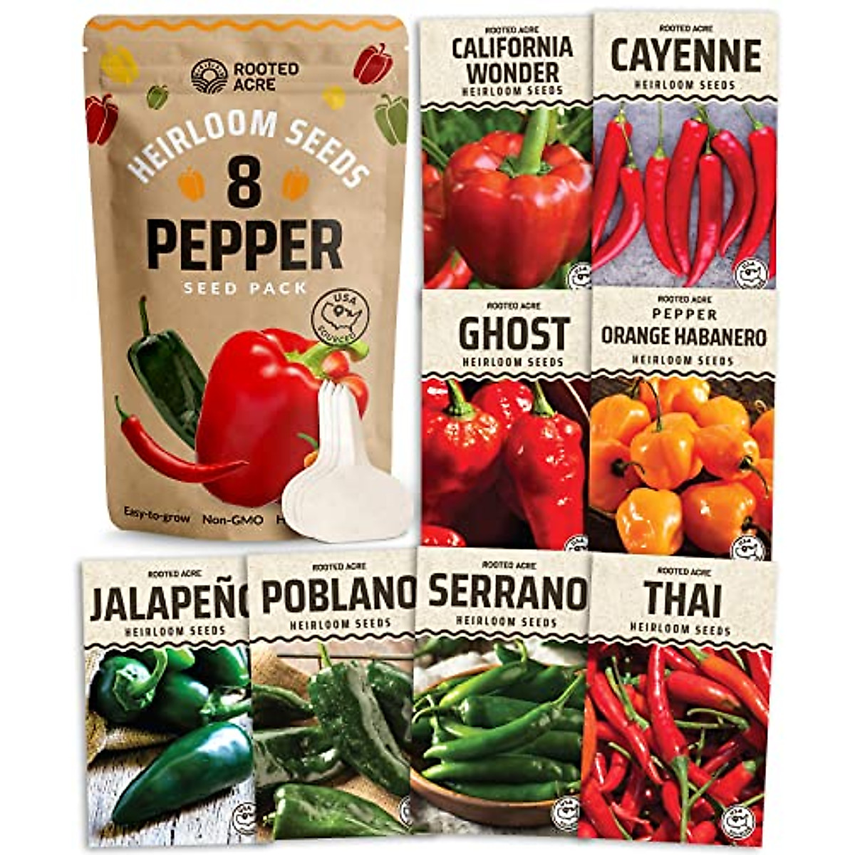 Rooted Acre 8 Varieties Pepper Seeds - Non GMO, USA, Heirloom Hot Pepper Seeds inc Ghost and Jalapeno - High Germinating Pepper Seeds for Planting Home Garden: Serrano, California Wonder, and More