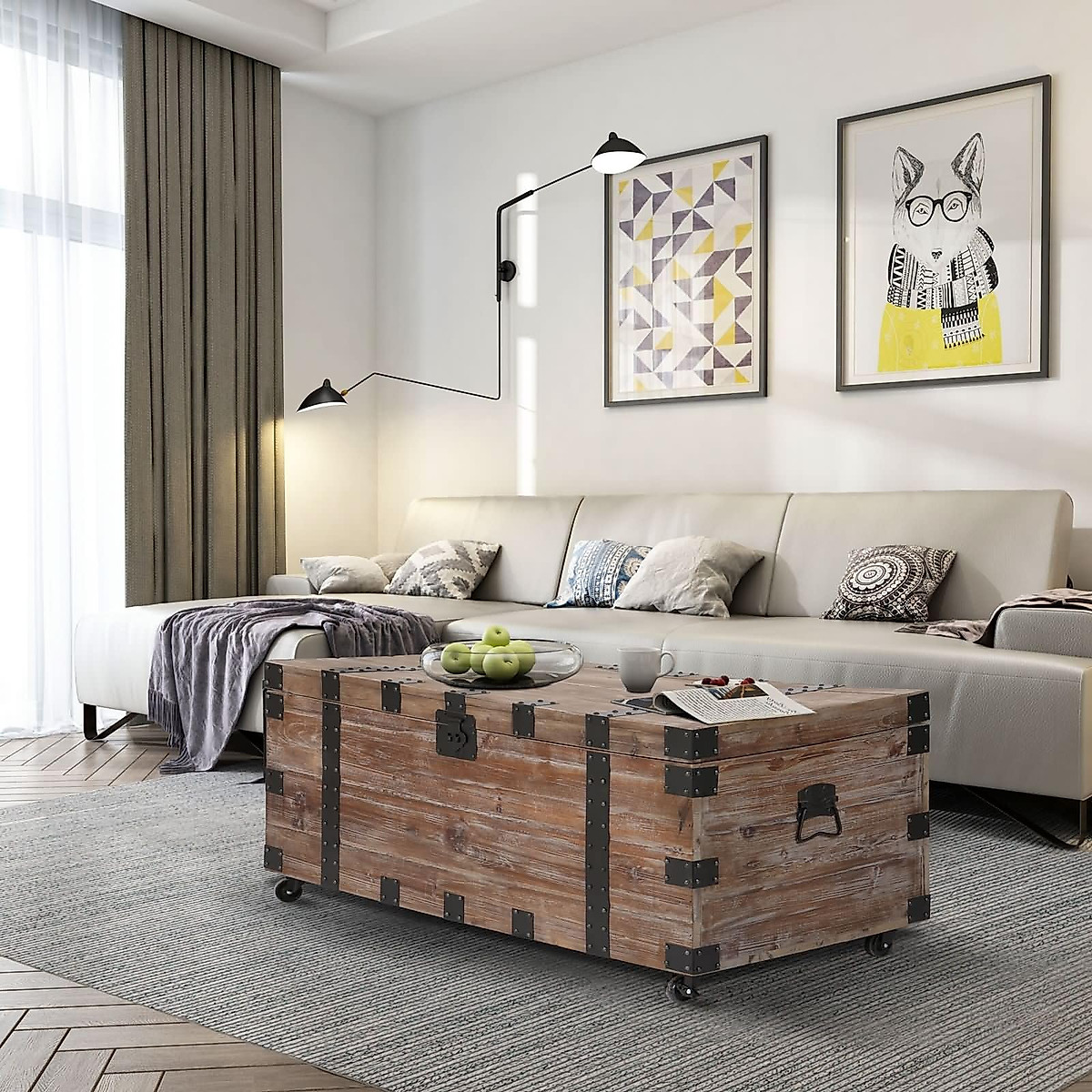 Mesnt Storage Cabinet for Bedroom, Antique Wood Gray Trunk Table and Side Table with Large Storage Dress Up Your Living Room