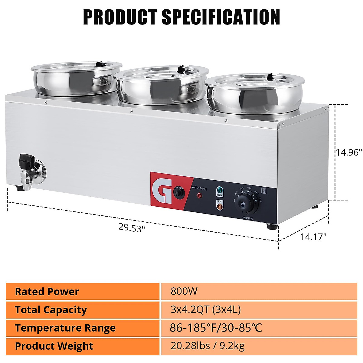 GarveeHome Commercial Soup Warmer - 3x4.2QT Stainless Steel Buffet Bain Marie, 86-185℉ Adjustable Temp Round Pot, with Anti-Dry Burn and Reset Button, 800W Electric Food Warmer