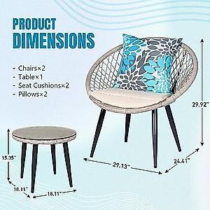 Leasbar 3 Piece Patio Bistro Furniture Set PE Rattan Conversation Chairs Glass Top Table Outdoor Patio Chair with Soft Cushions All-Weather Widening Patio Furniture Set for Backyard Balcony Deck