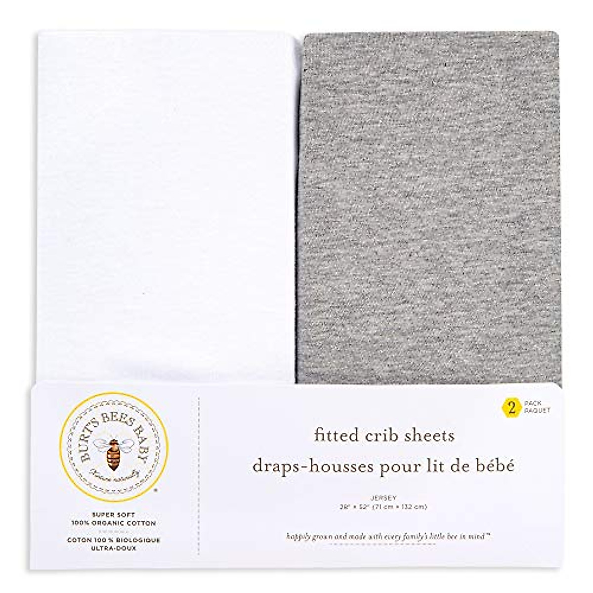 Burt's Bees Baby - Fitted Crib Sheets, Solid Color, 100% Organic Cotton Crib Sheet for Standard Crib & Toddler Mattresses, 2 Pack, Heather Grey/White