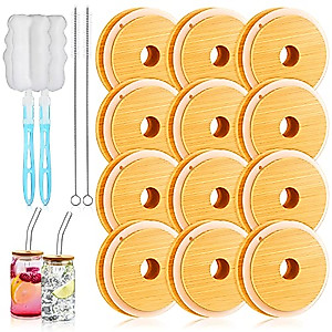 16 oz Beer Glasses Lids with Straw Hole Drinking Glass Cups Anticorrosion Beer Can Cups Lids Bamboo Lids with Brush for 16 oz Canned Beer Glasses Jar Glasses and Cans (12 Pack)