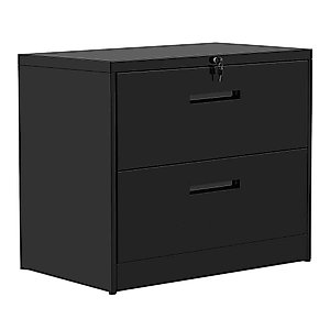 Rockjame Lateral Filing Cabinet, 2 Drawer Metal Lockable File Cabinet for Commercial Grade Office Legal and Letter File (Black)