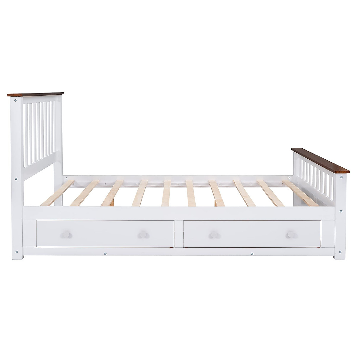 FANYE Queen Size Soild Wood Platform Bed Wooden Bedframe with Two Storage Drawers and Wood Slat Support, White+Walnut