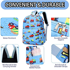 AUIVTY Preschool Backpack for Boys, Kids Backpack with Lunch Box Construction Backpack for Preschool Kindergarten Daycare and Travel, Car School Bookbag with Chest Buckle (Construction-Light Blue)